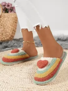 Fall/Winter Color Block Heart Decor Fuzzy Bedroom Slippers, Multicolor ...