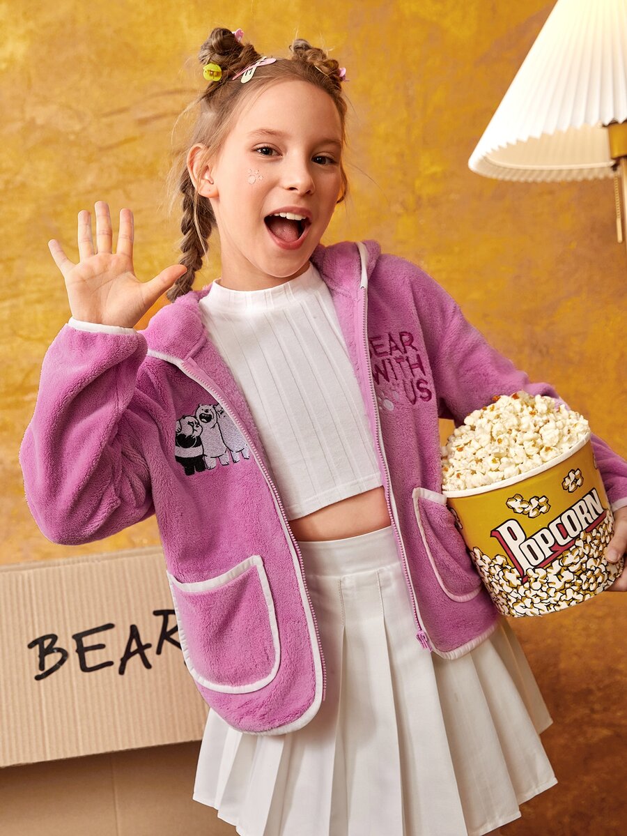 We Bare Bears X SHEIN Tween Girl Letter & Cartoon Embroidery 3D Ears ...