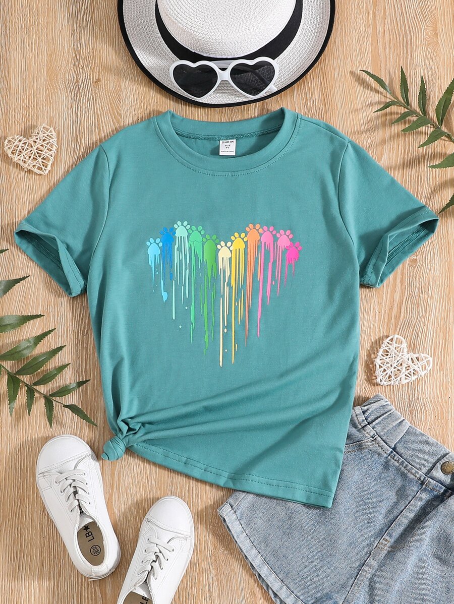 SHEIN Tween Girl Colorful Paw Print Tee | SHEIN USA