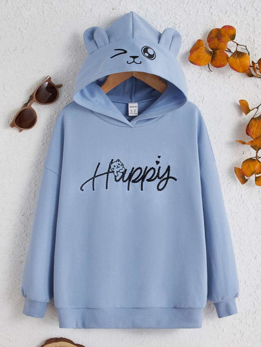 SHEIN Girls Letter & Cartoon Graphic 3D Ears Hooded Design Hoodie ...