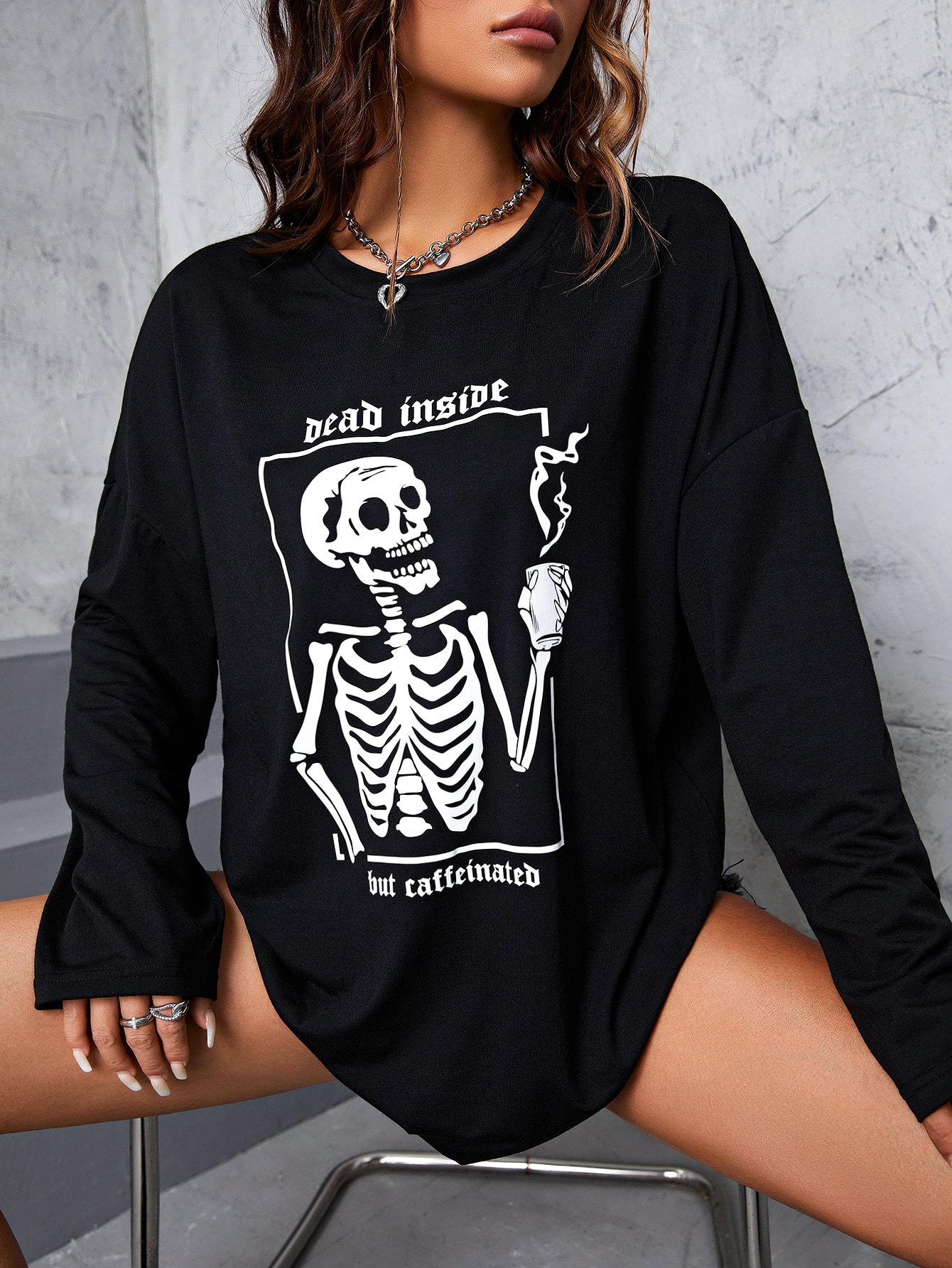 Slogan Skeleton Graphic Drop Shoulder Tee