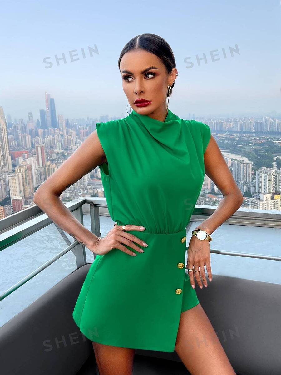 SHEIN BAE Mock Neck Button Detail Romper | SHEIN UK