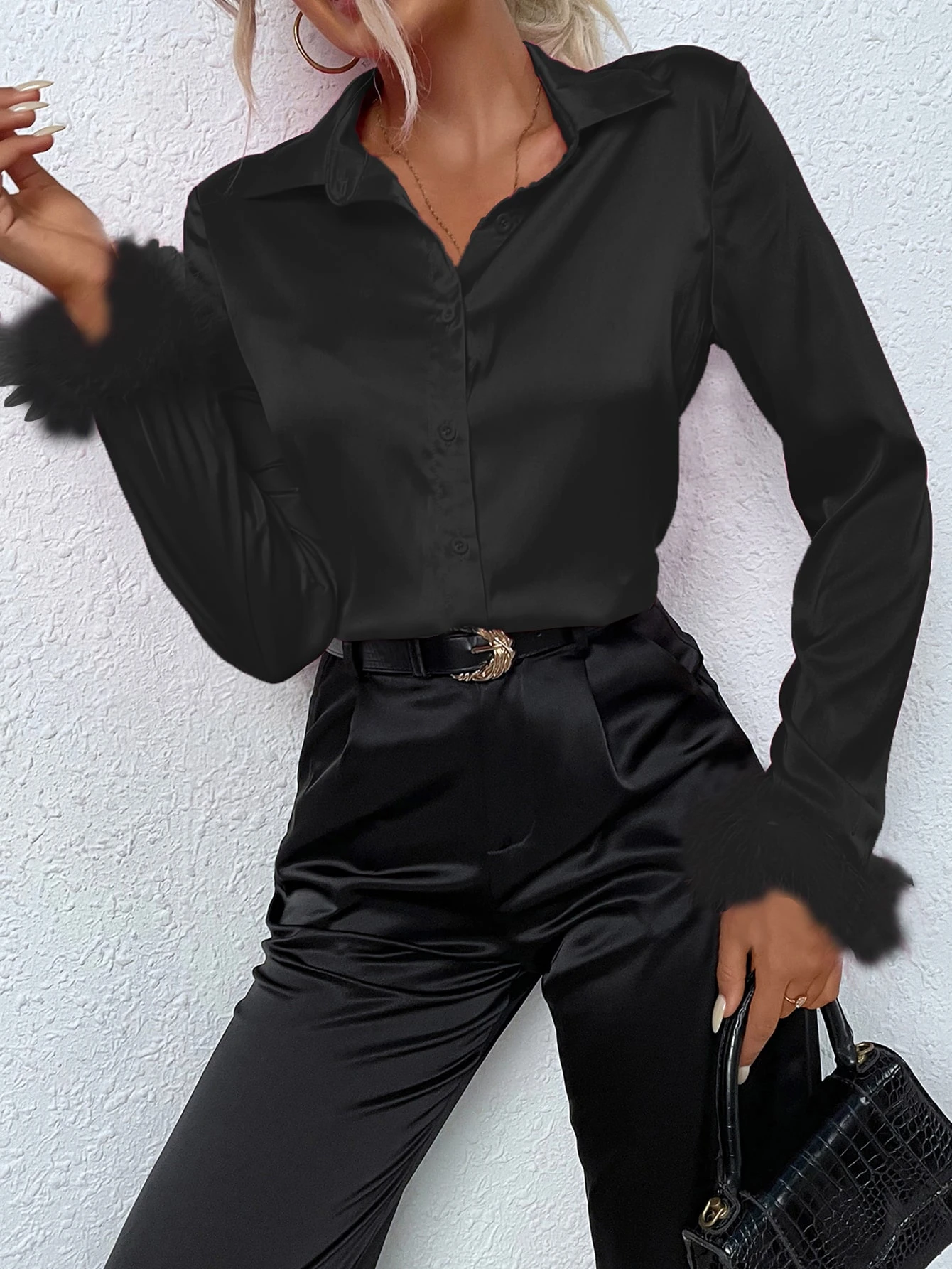 SHEIN BAE Fuzzy Cuff Satin Shirt | SHEIN USA