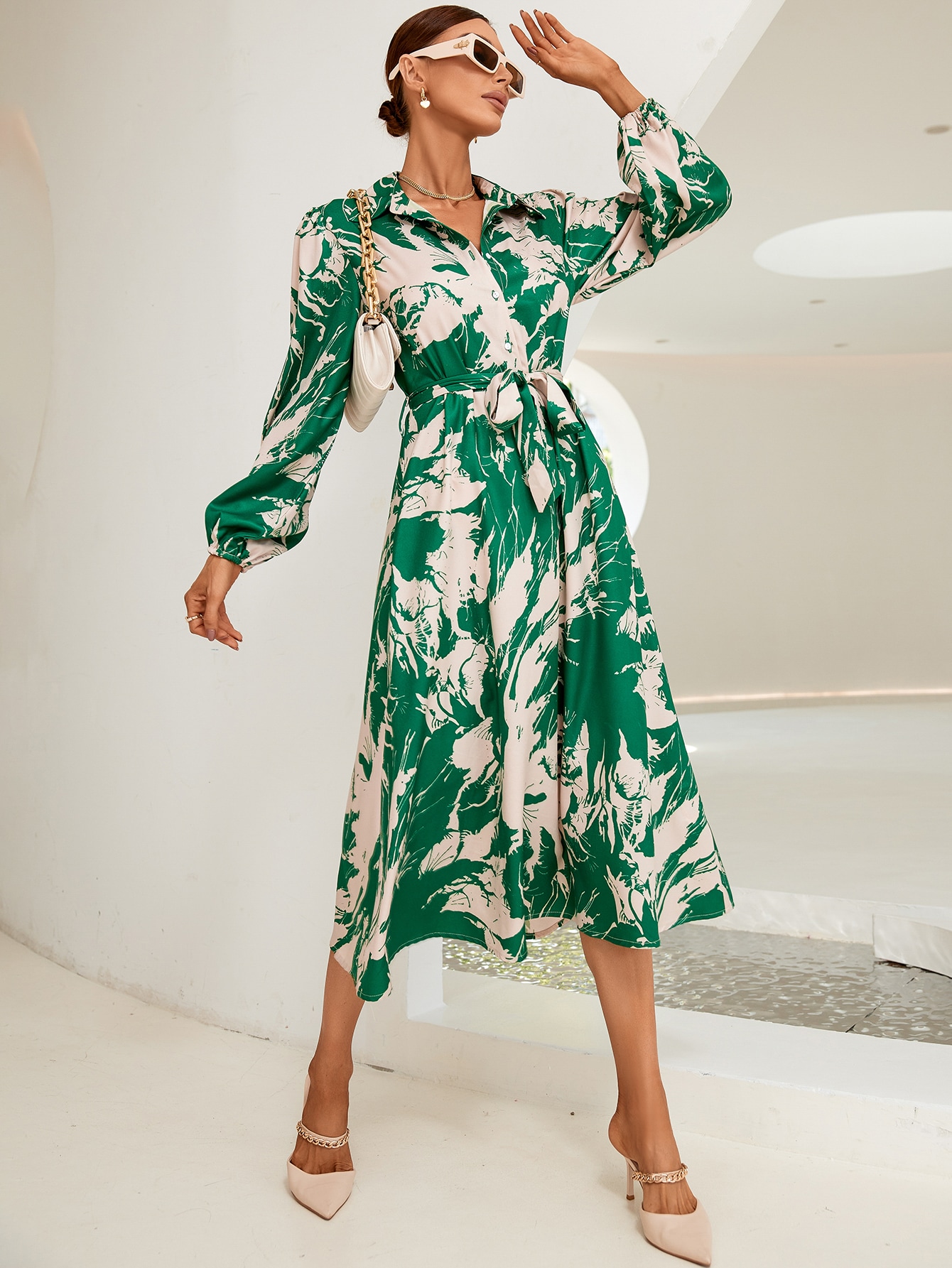 SHEIN Privé Floral Print Lantern Sleeve Belted Shirt Dress | SHEIN UK