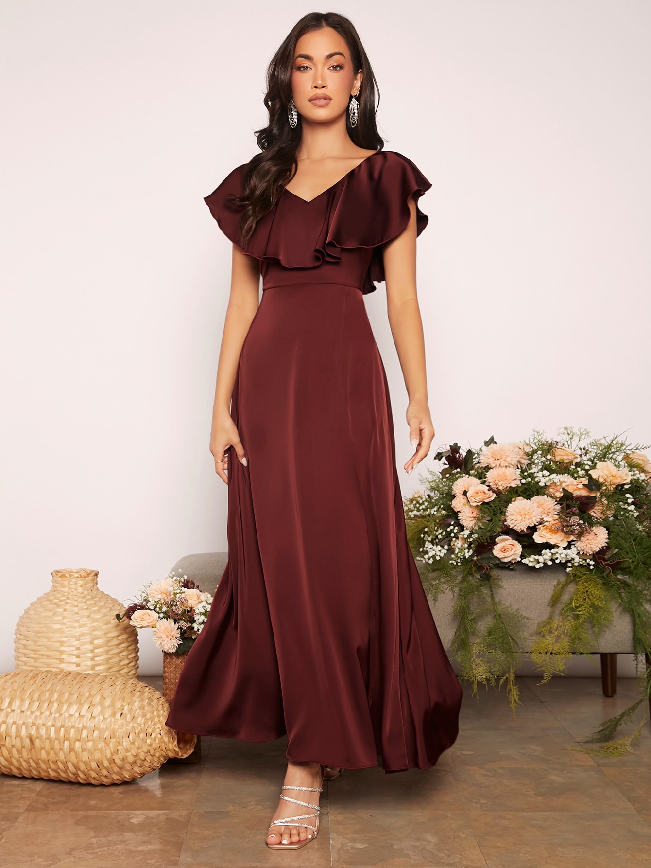 SHEIN Ruffle Trim Slit Thigh Satin Bridesmaid Dress