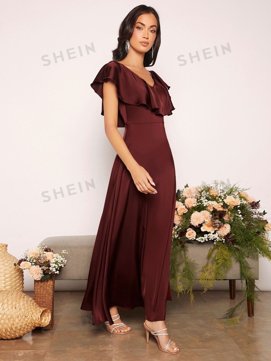 SHEIN Belle Ruffle Trim Slit Thigh Satin Bridesmaid Dress | SHEIN