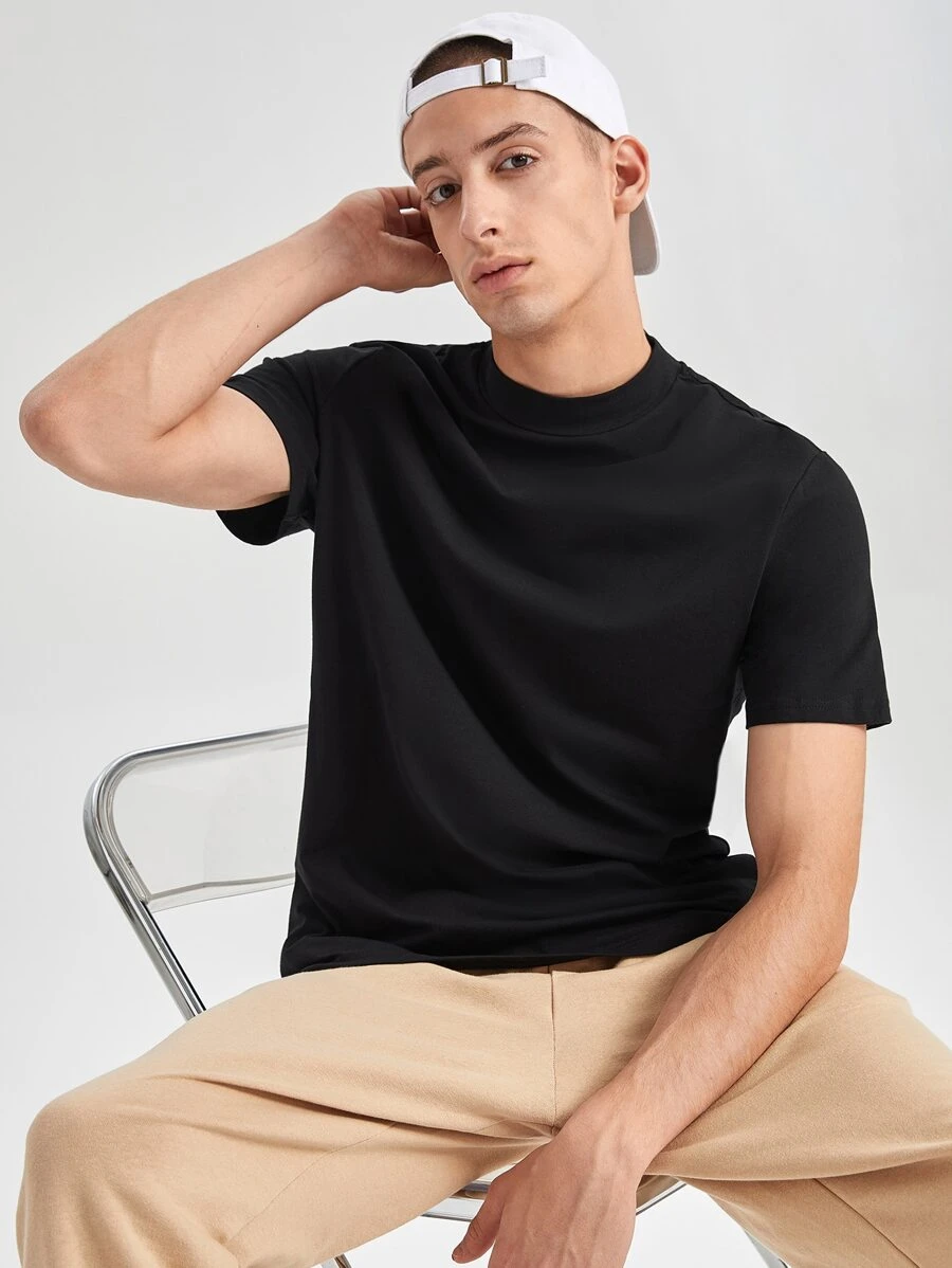 Manfinity RebelGame Men Cotton Mock Neck Solid Tee | SHEIN USA