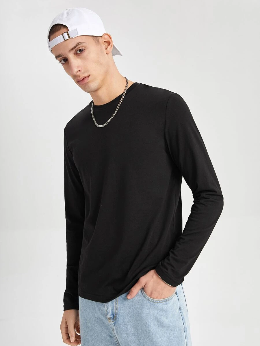 SWAVVY Men T-Shirts Crew Neck Long Sleeve Plain Casual Dark Summer ...