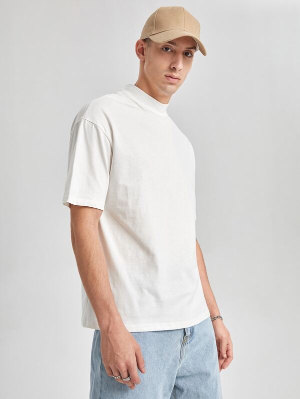 Manfinity Basics Men 100% Cotton Mock Neck Solid Tee | SHEIN USA