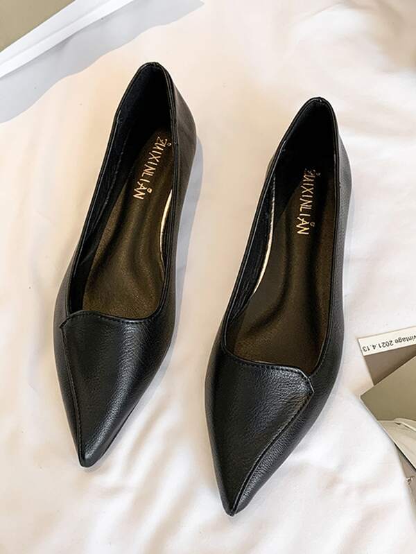 Litchi Embossed Point Toe Ballet Flats, Black Elegant Solid Color Women ...