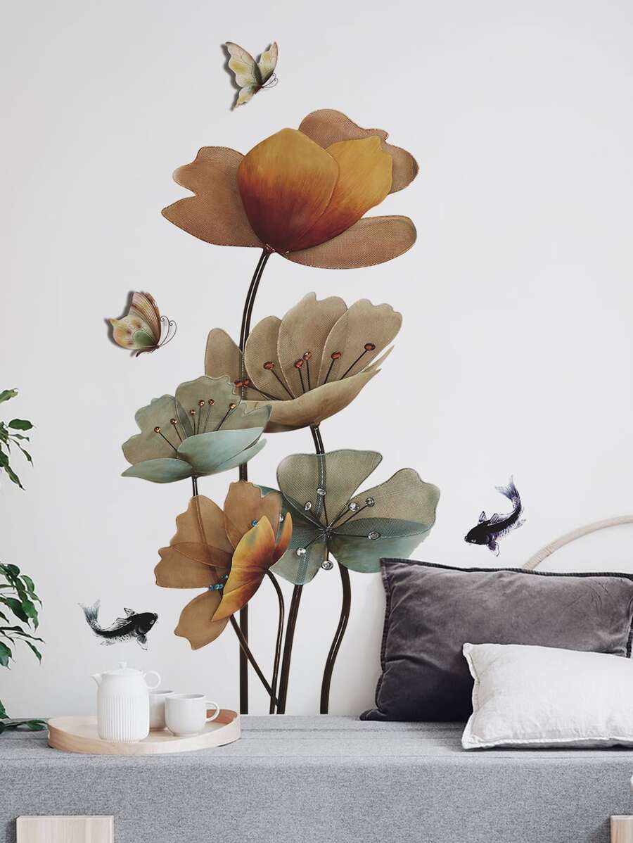 1pc Butterfly & Lotus Pattern Wall Sticker, PVC Waterproof Wall Art ...