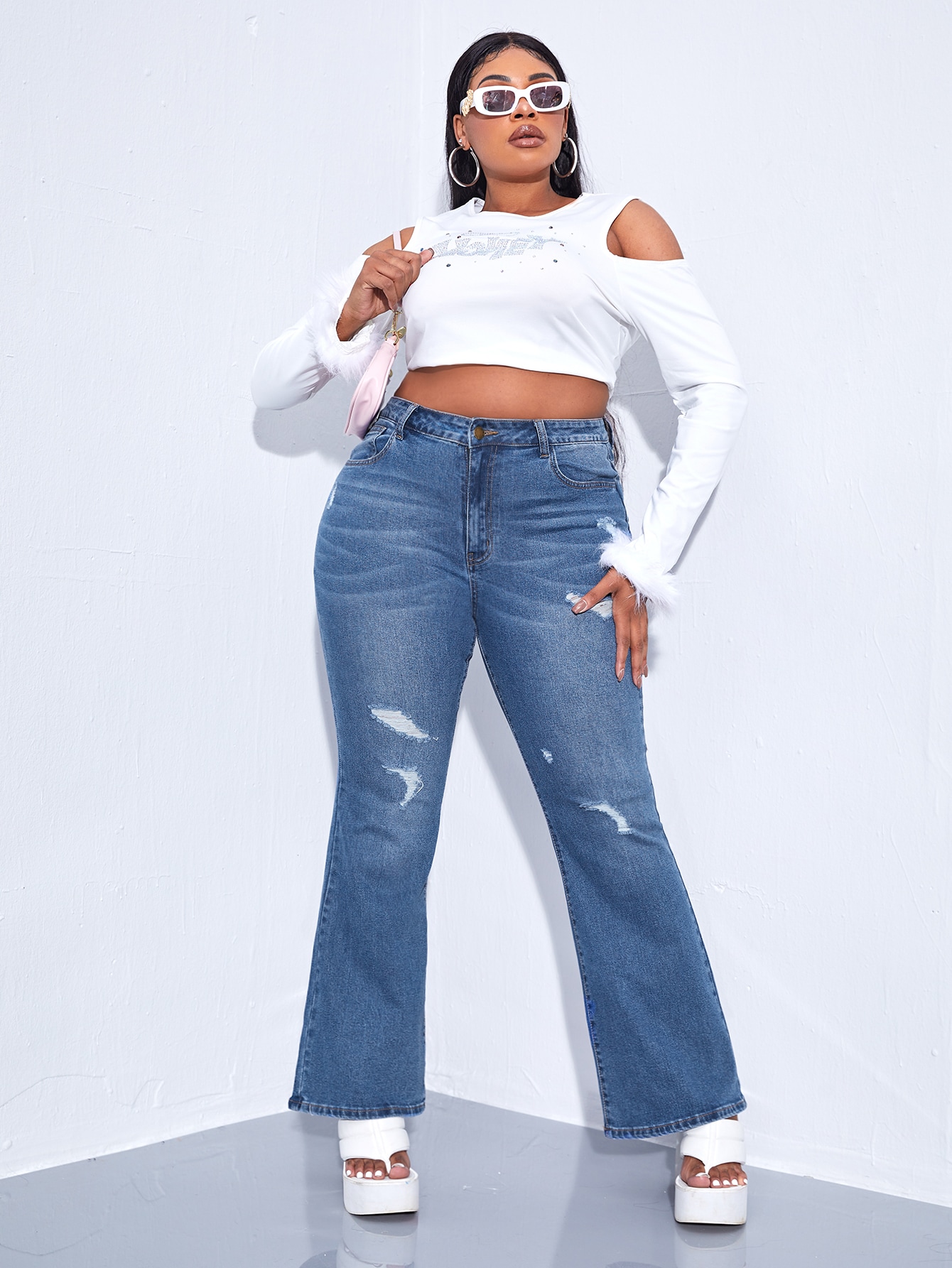 SHEIN SXY Plus Rhinestone Butterfly Embroidery Ripped Flare Leg Jeans ...