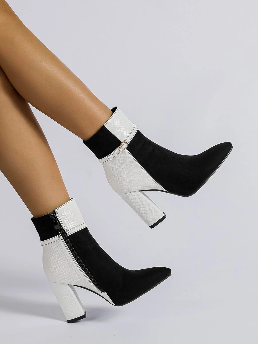 Geometric Embossed Two Tone Point Toe Chunky Heeled Classic Boots ...