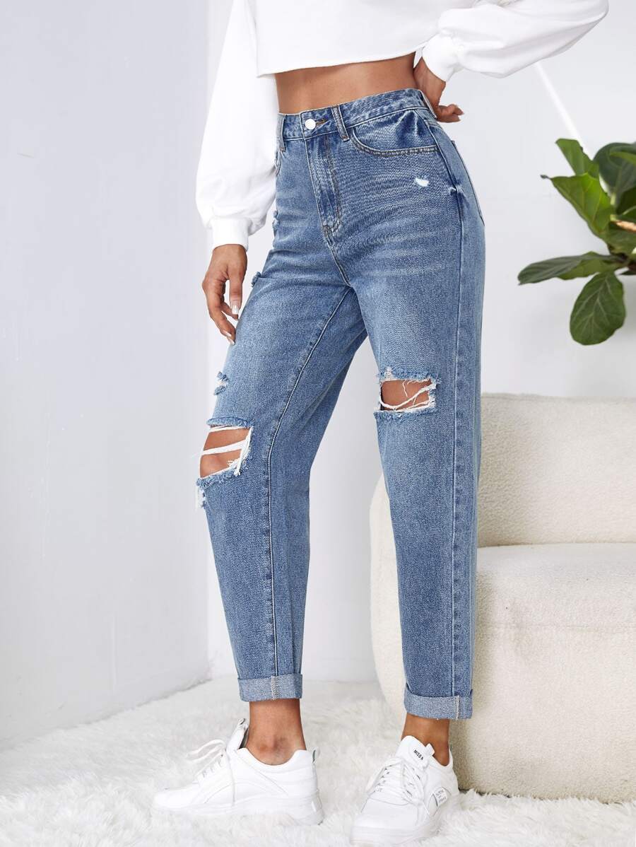 SHEIN EZwear High Waist Ripped Mom Fit Jeans | SHEIN UK