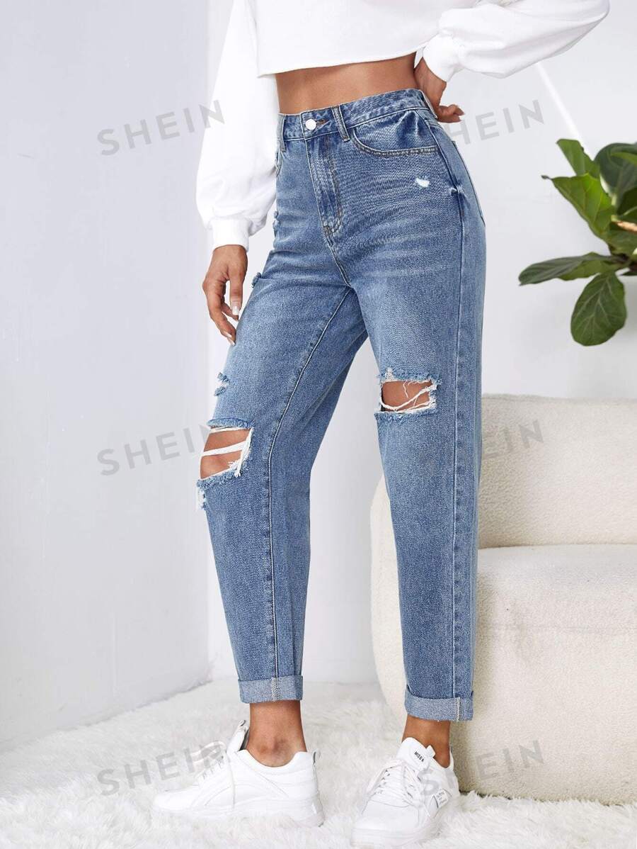 SHEIN EZwear High Waist Ripped Mom Fit Jeans | SHEIN EUR