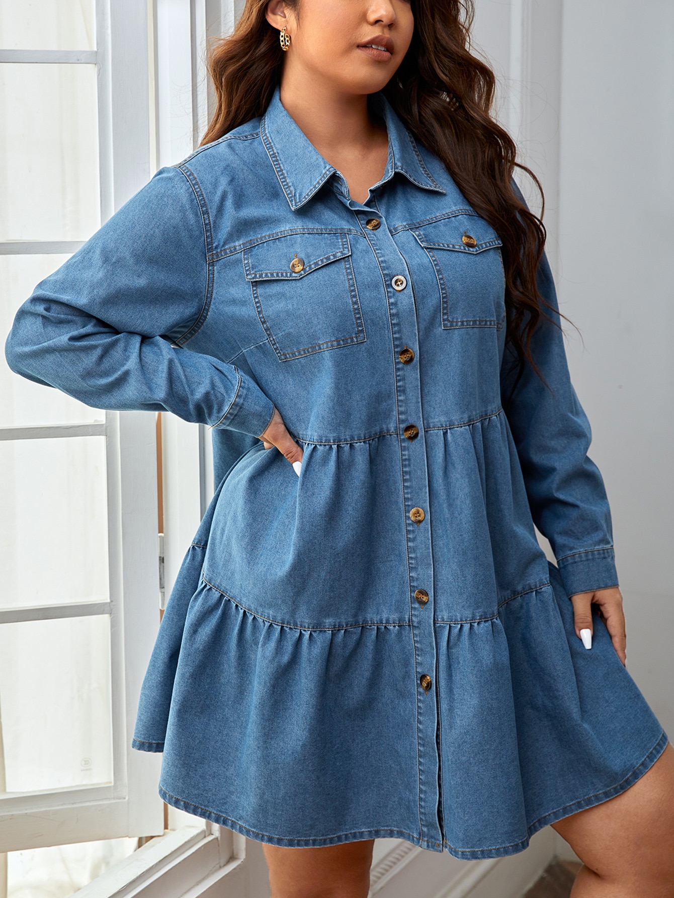 SHEIN Essnce Vestido mezclilla con bolsillo con solapa bajo con fruncido | Moda de Mujer | SHEIN ...