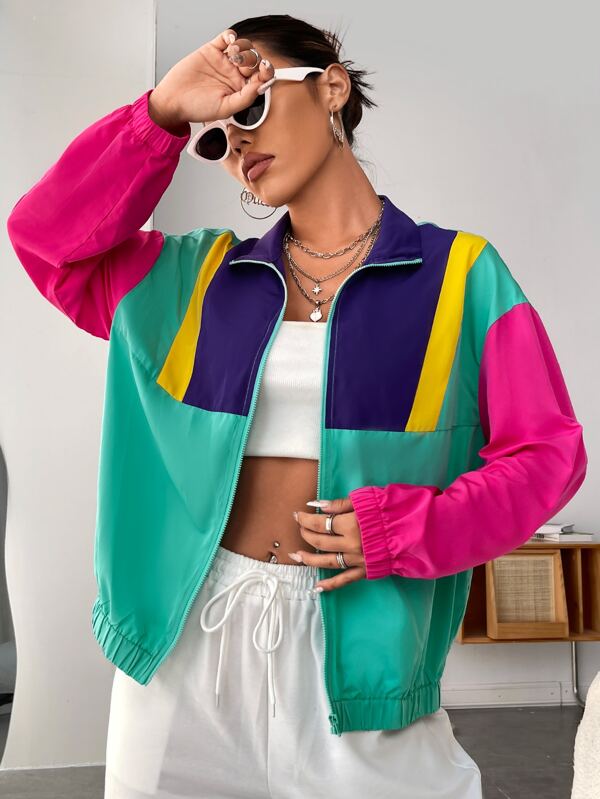 Shein Ezwear Colour Block Drop Shoulder Zipper Jacket Shein Uk