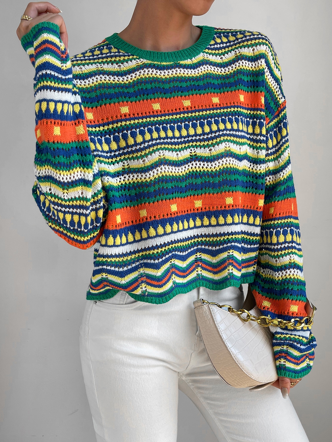 SHEIN Essnce Striped And Geo Pattern Pointelle Knit Sweater | SHEIN USA