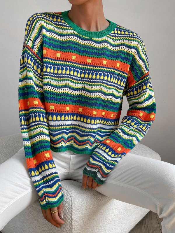 SHEIN Essnce Striped And Geo Pattern Pointelle Knit Sweater | SHEIN USA