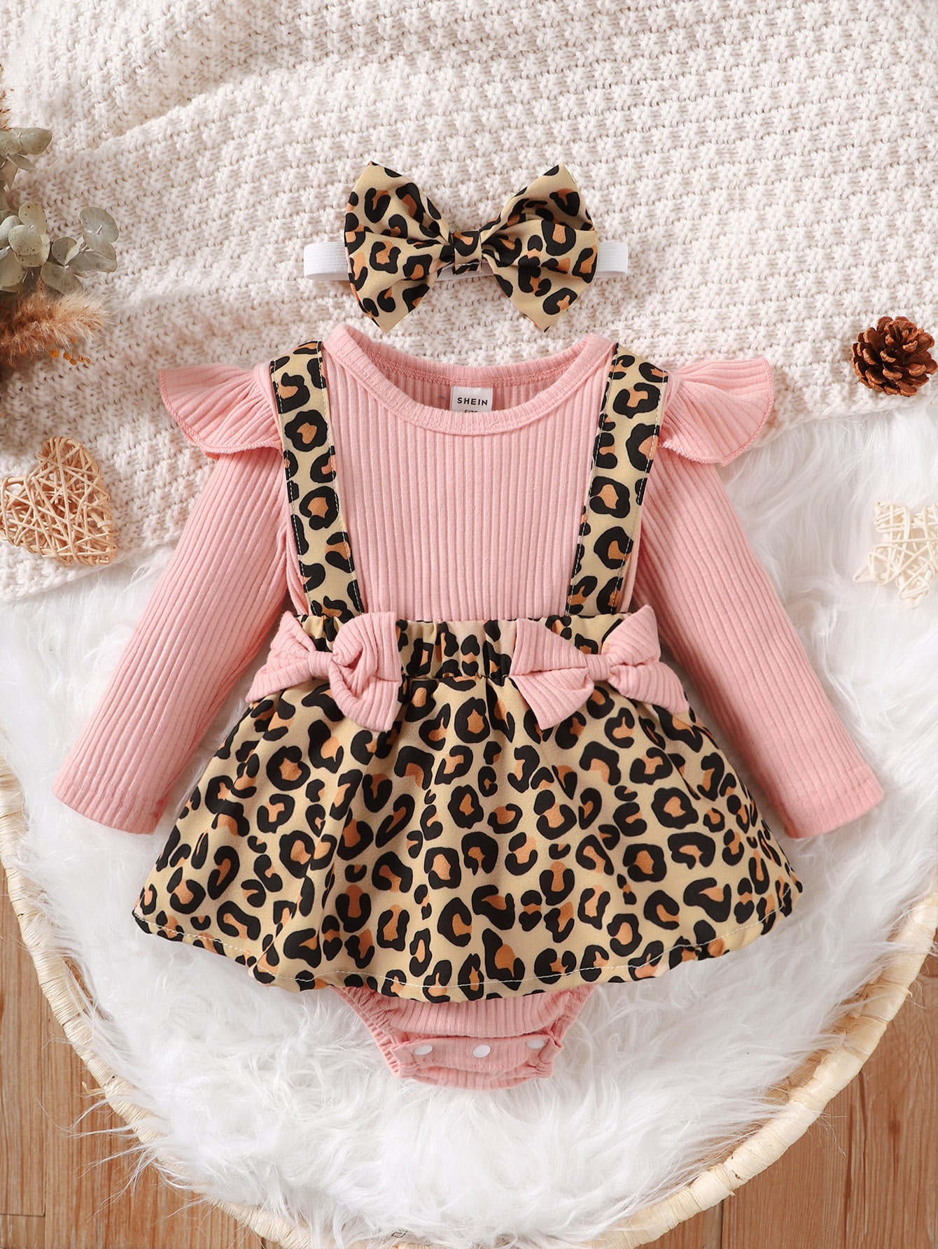Baby Leopard Print Bow Front Combo Bodysuit Dress With Headband