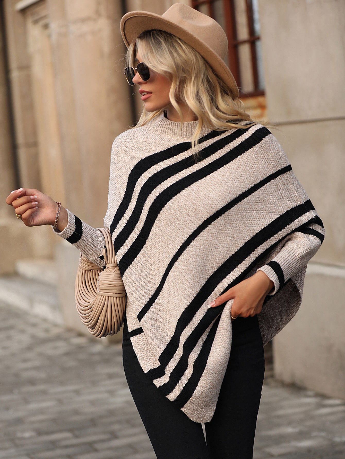 SHEIN LUNE Striped Pattern Asymmetrical Hem Poncho Sweater | SHEIN ...