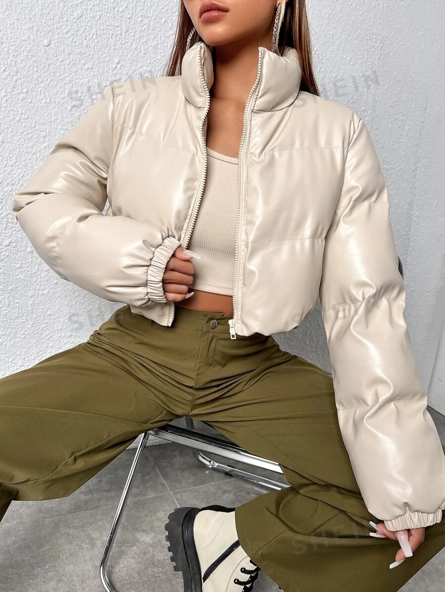 SHEIN EZwear Zip Up Crop PU Puffer Coat | SHEIN UK