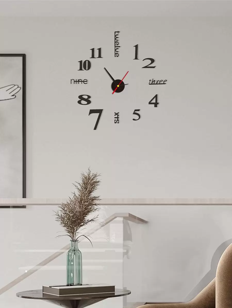 Letter Design Mirror Surface Wall Clock, Silver PMMA Hanging DIY Mirror ...