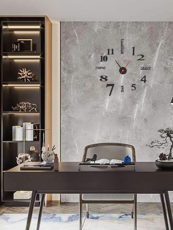 Letter Design Mirror Surface Wall Clock, Silver PMMA Hanging DIY Mirror ...