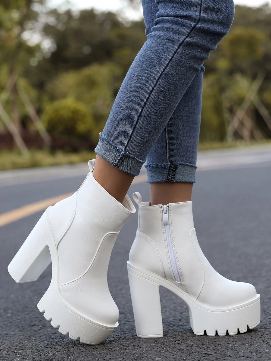 Side Zip Platform Chunky Heeled Classic Boots | SHEIN USA