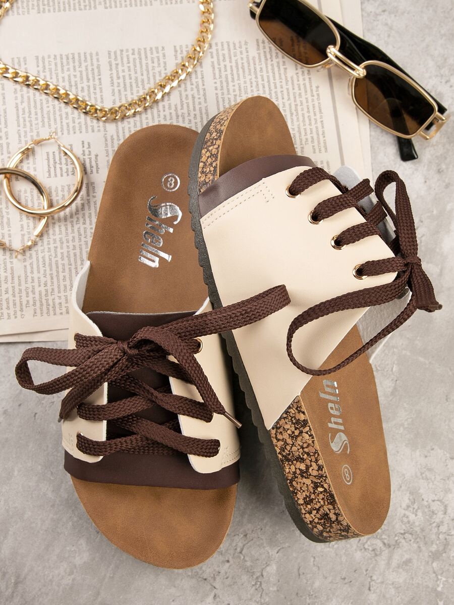 Casual Outdoors Front Lace Up Flat Sandals For Women, Artificial ...