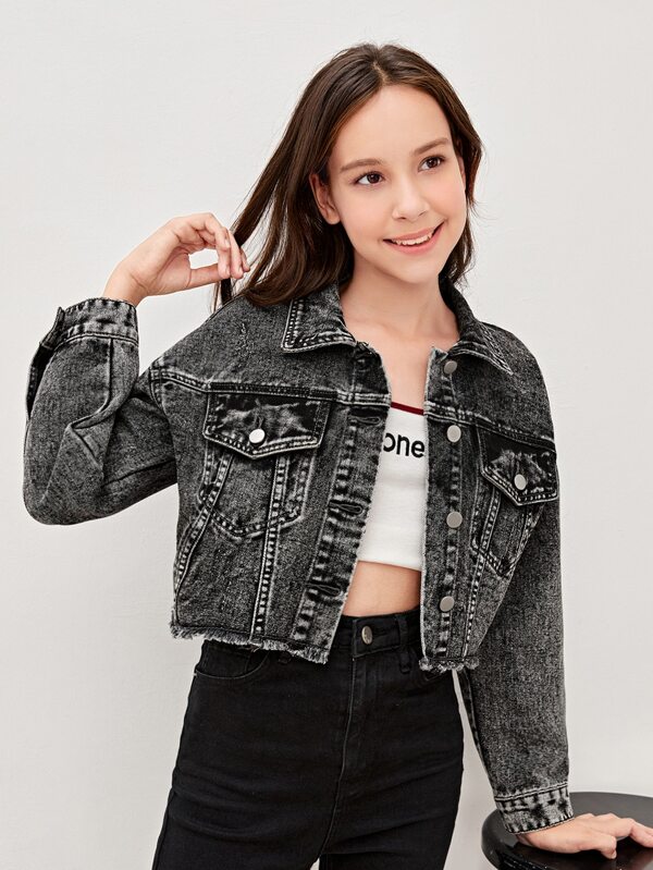 SHEIN Teen Girls Flap Pocket Raw Hem Denim Jacket | SHEIN USA