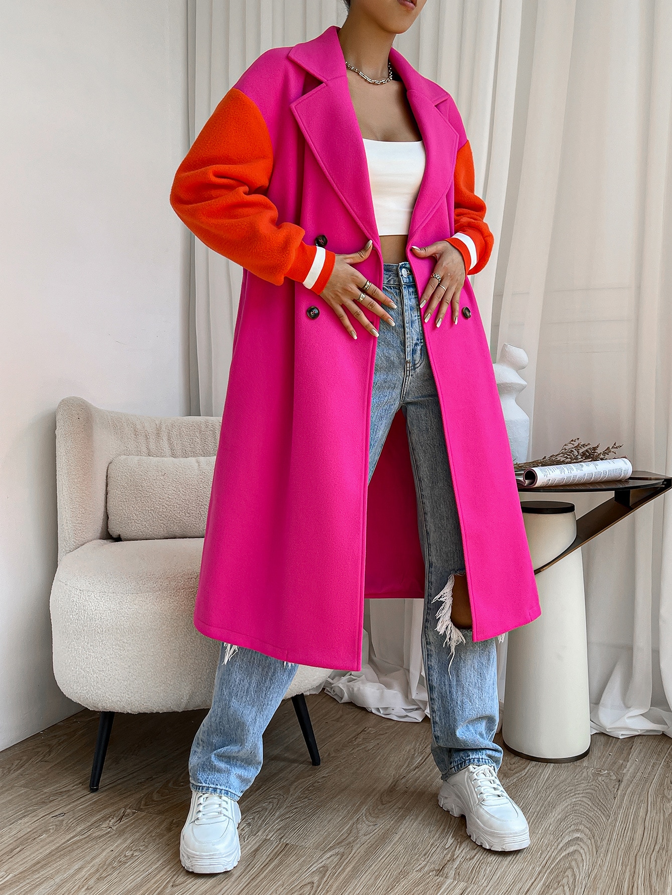 SHEIN EZwear Colorblock Drop Shoulder Double Breasted Overcoat | SHEIN EUR