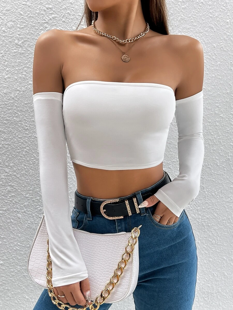 SHEIN PETITE Solid Off Shoulder Crop Off Shoulder Top | SHEIN USA