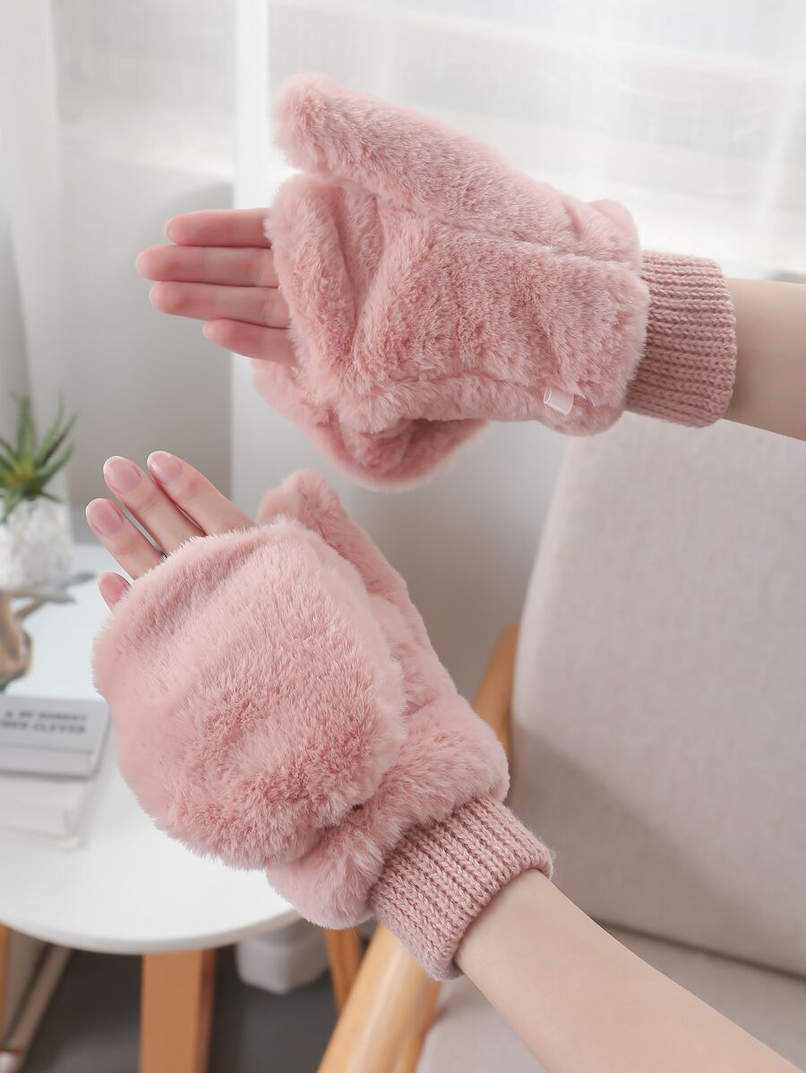 Solid Fuzzy Flip-top Gloves | SHEIN EUR