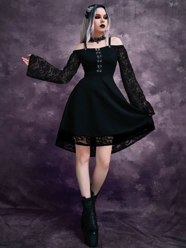 Gothic Cold Shoulder Grommet Lace Up Dress | SHEIN UK