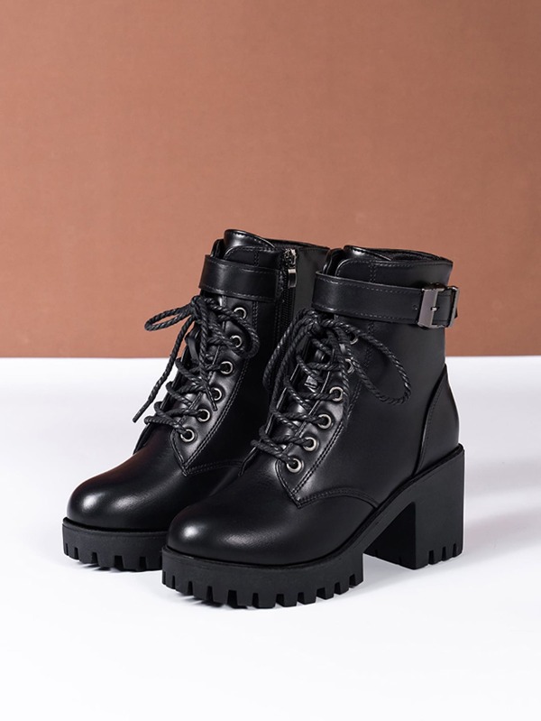 Women Buckle Decor Lace-Up Front Zipper Side Platform Combat Boots ...
