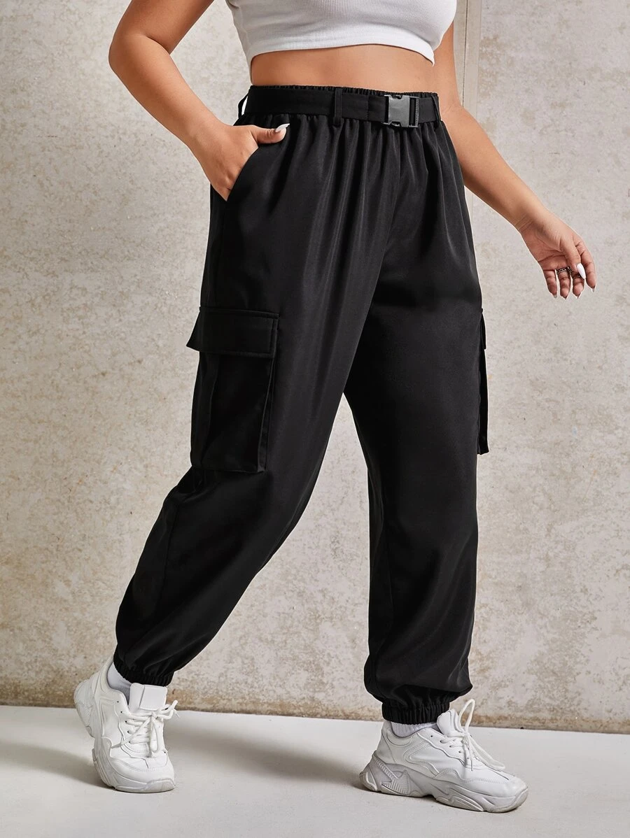 SHEIN EZwear Plus Flap Pocket Push Buckled Belted Cargo Pants | SHEIN USA