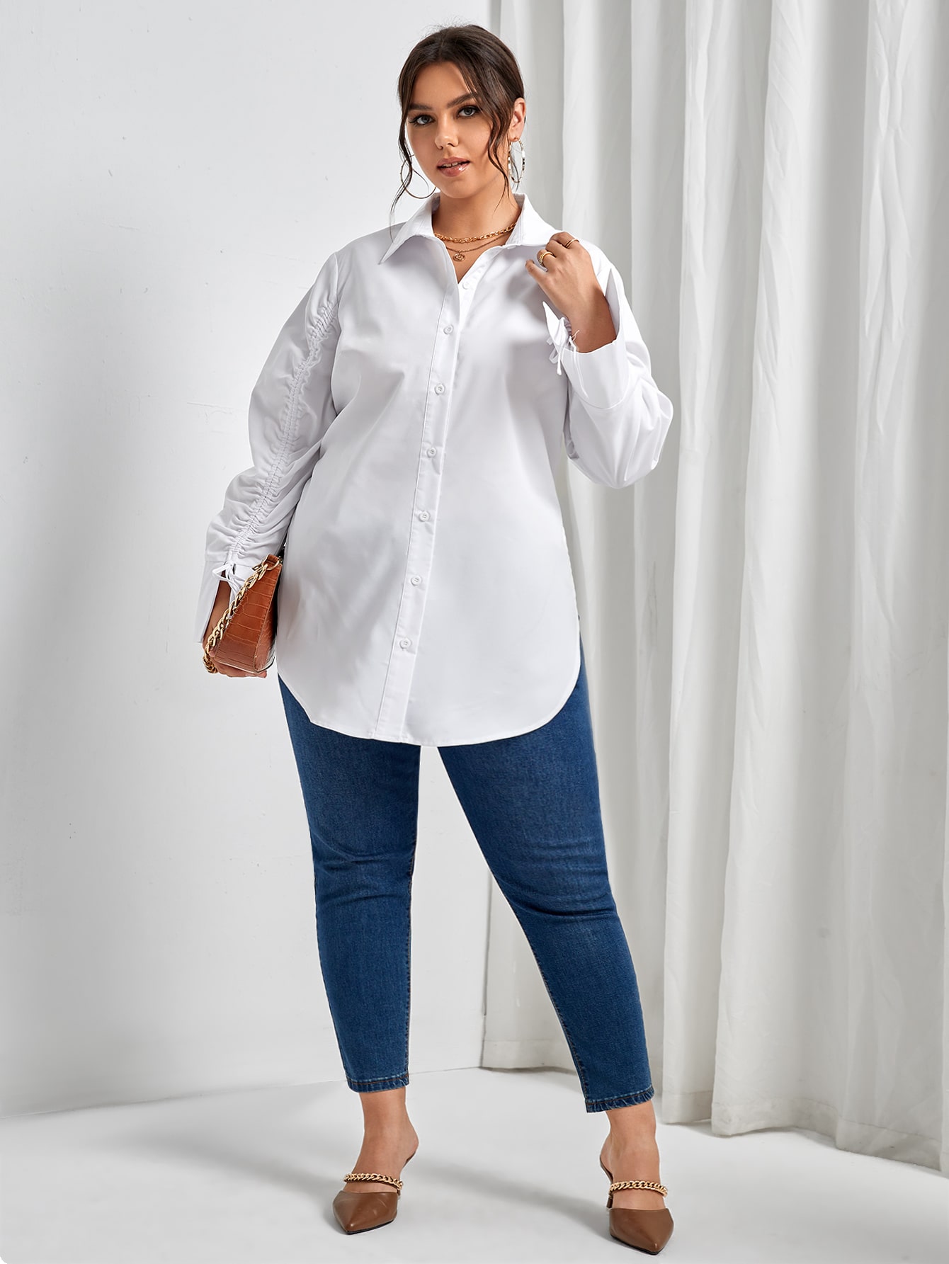 SHEIN Essnce Plus Drawstring Sleeve Curved Hem Shirt | SHEIN USA