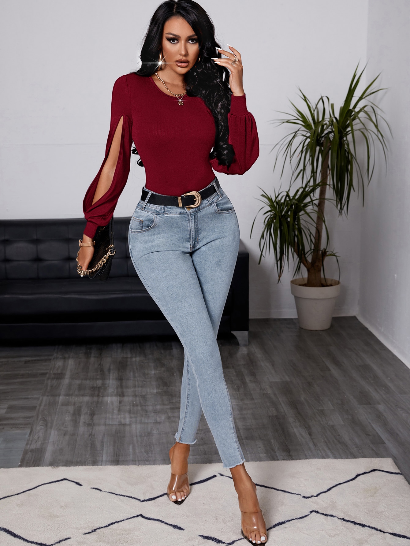 SHEIN SXY Body ajustado con abertura de manga farol tejido de canalé ...