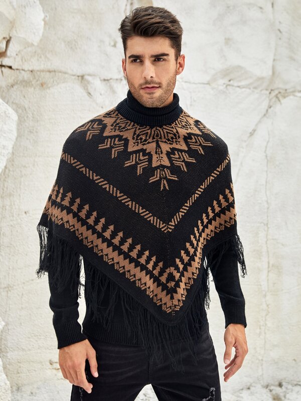 Manfinity Homme Men Geo Pattern Fringe Trim Knit Poncho | SHEIN USA