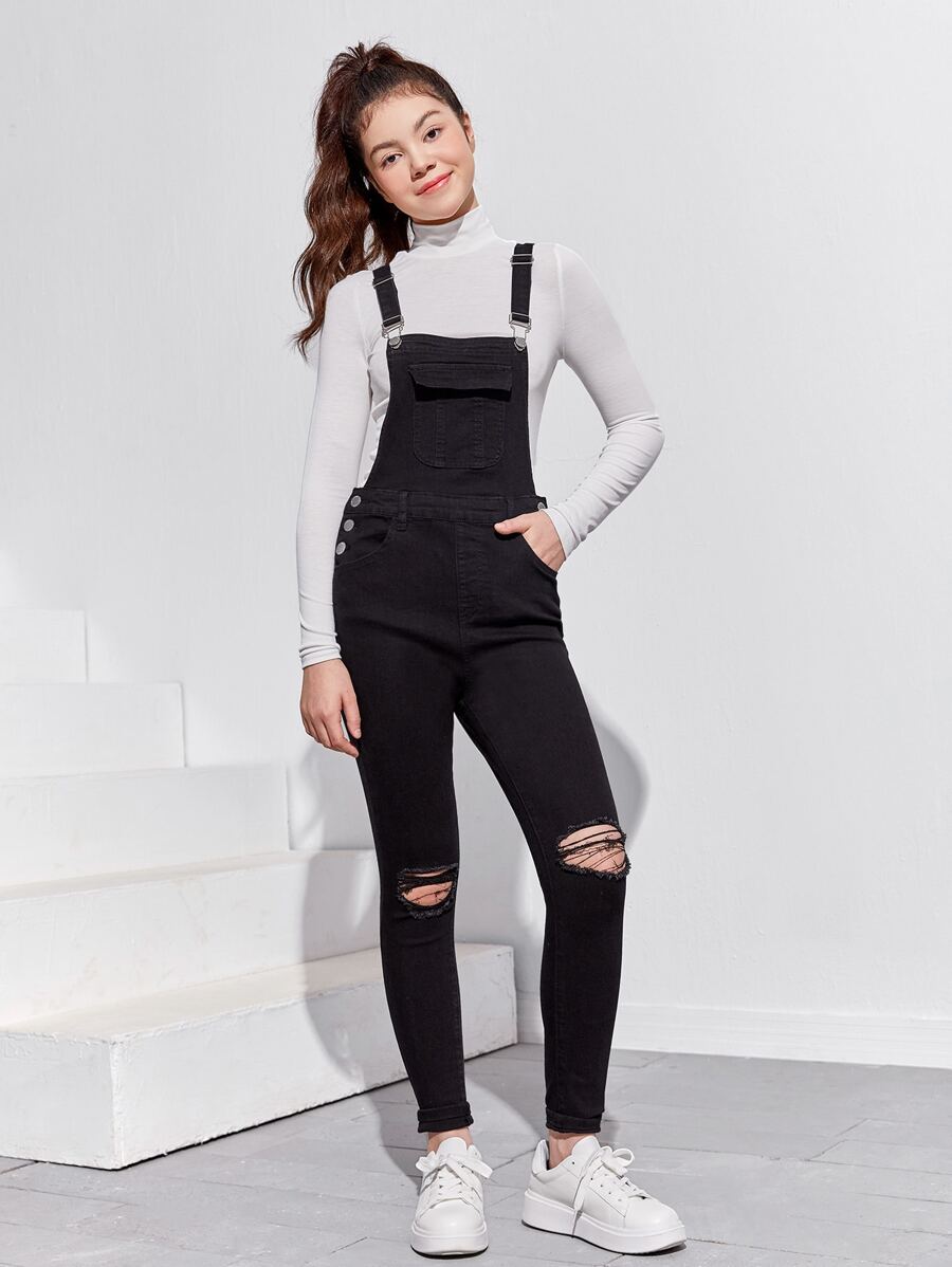 SHEIN Teen Girls Flap Pocket Ripped Denim Overalls | SHEIN USA