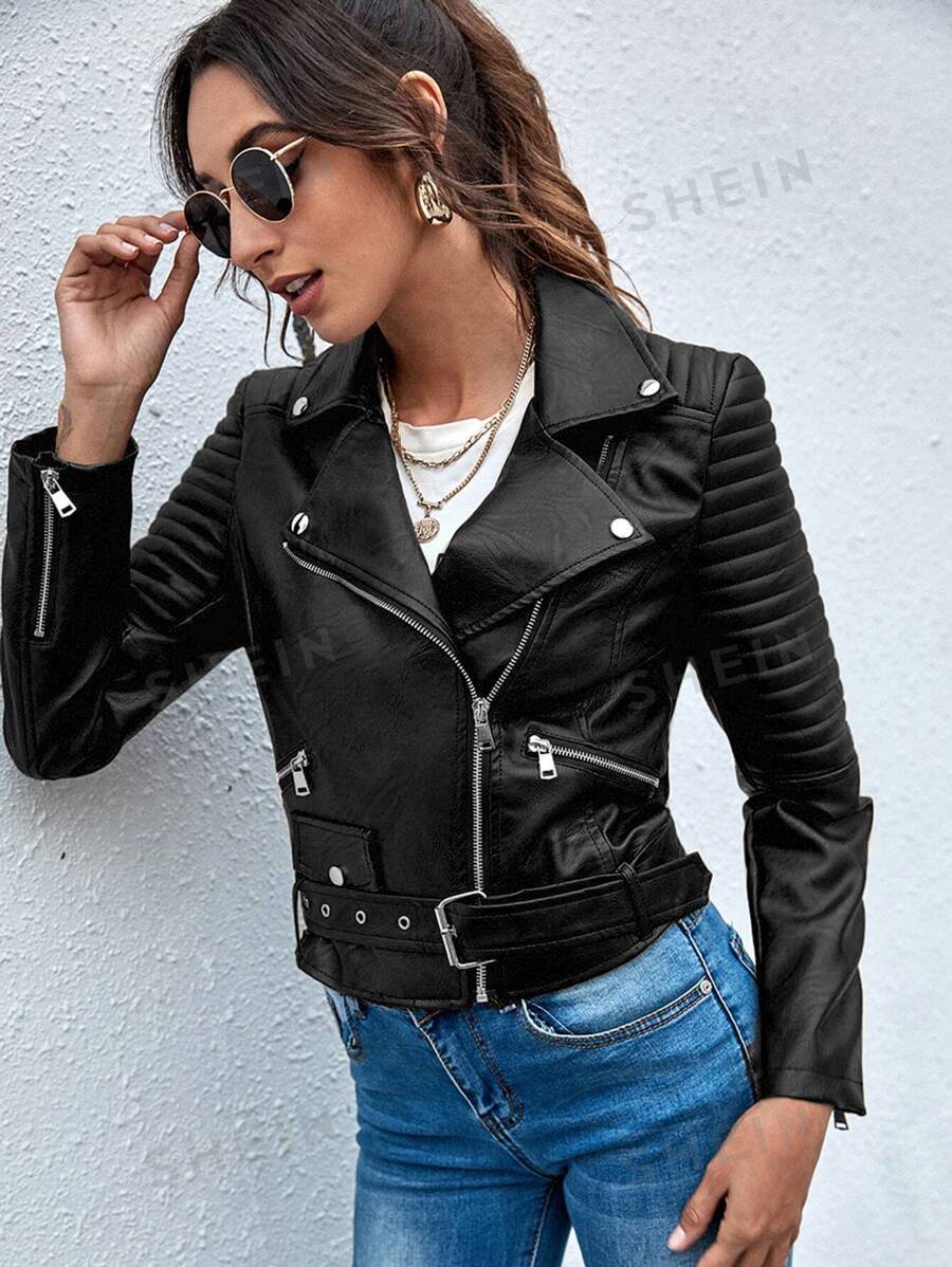 SHEIN Essnce Lapel Collar Belted Zip Up PU Moto Jacket | SHEIN USA