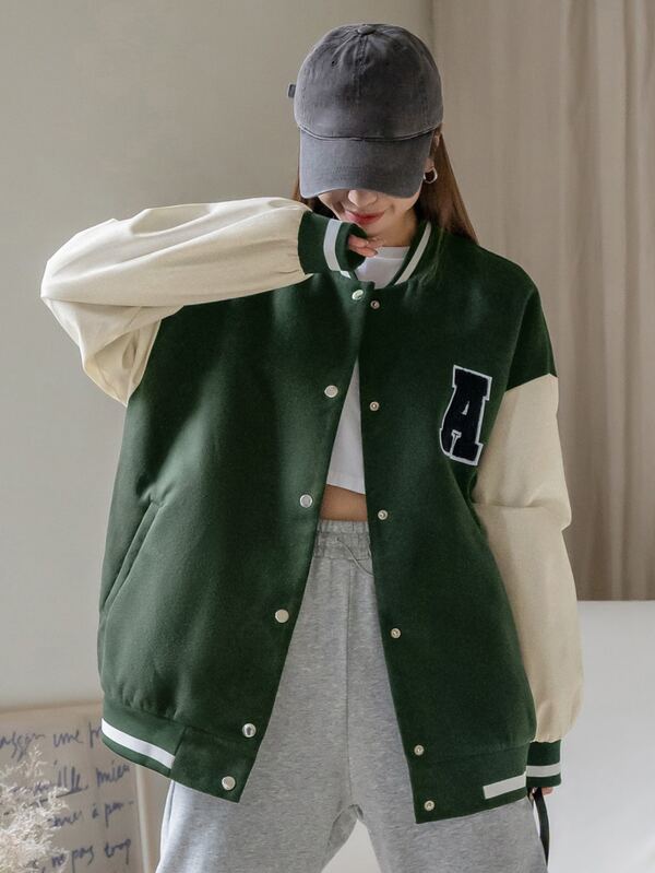 Dazy Letter Patched Colour Block Drop Shoulder Varsity Jacket Shein Uk