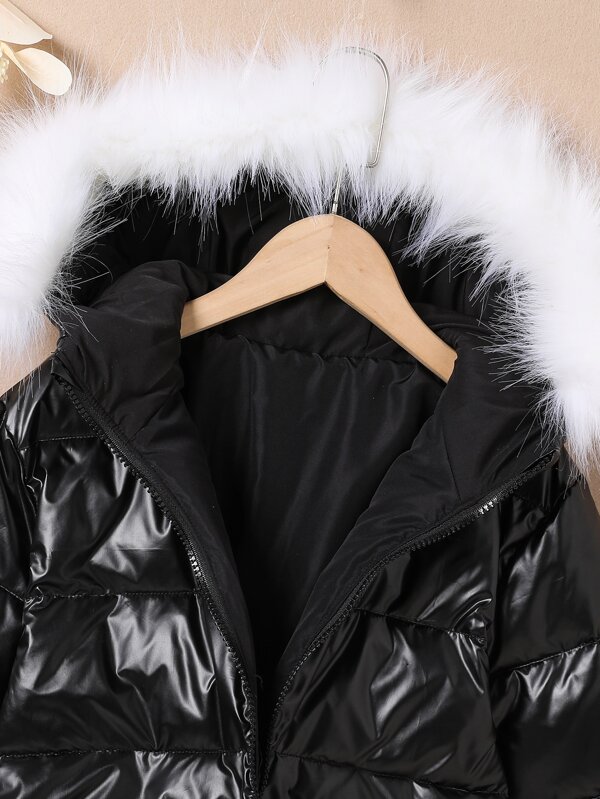 Girls Fuzzy Trim Hooded Puffer Coat | SHEIN UK