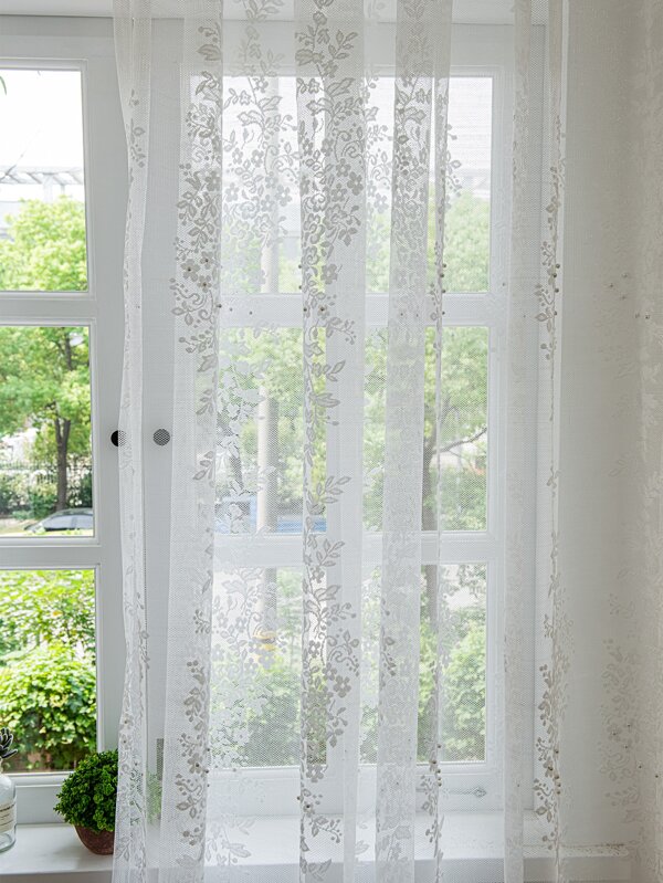 Floral Pattern Faux Pearl Decor Single Panel Sheer Curtain | SHEIN UK