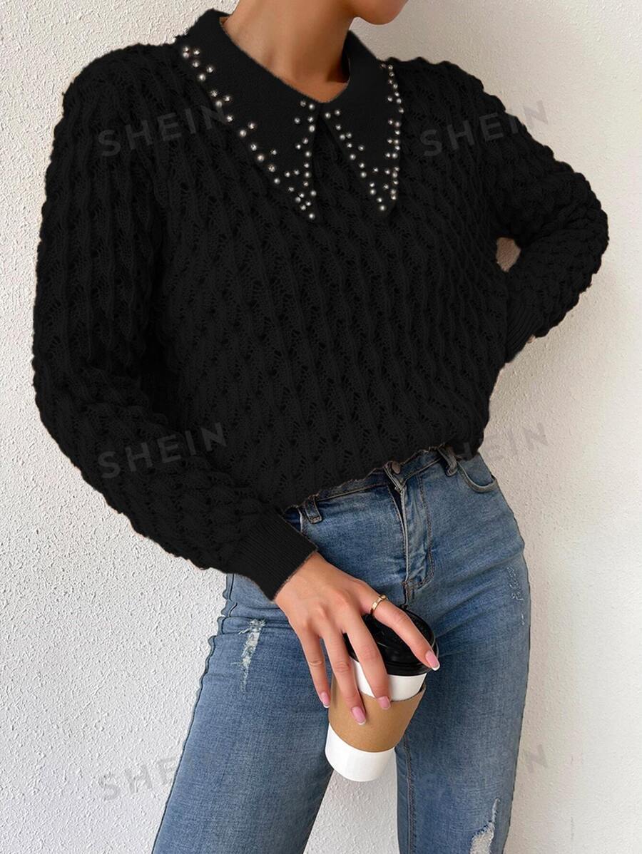 SHEIN Essnce Pointelle Knit Rhinestone Faux Pearl Sweater | SHEIN USA