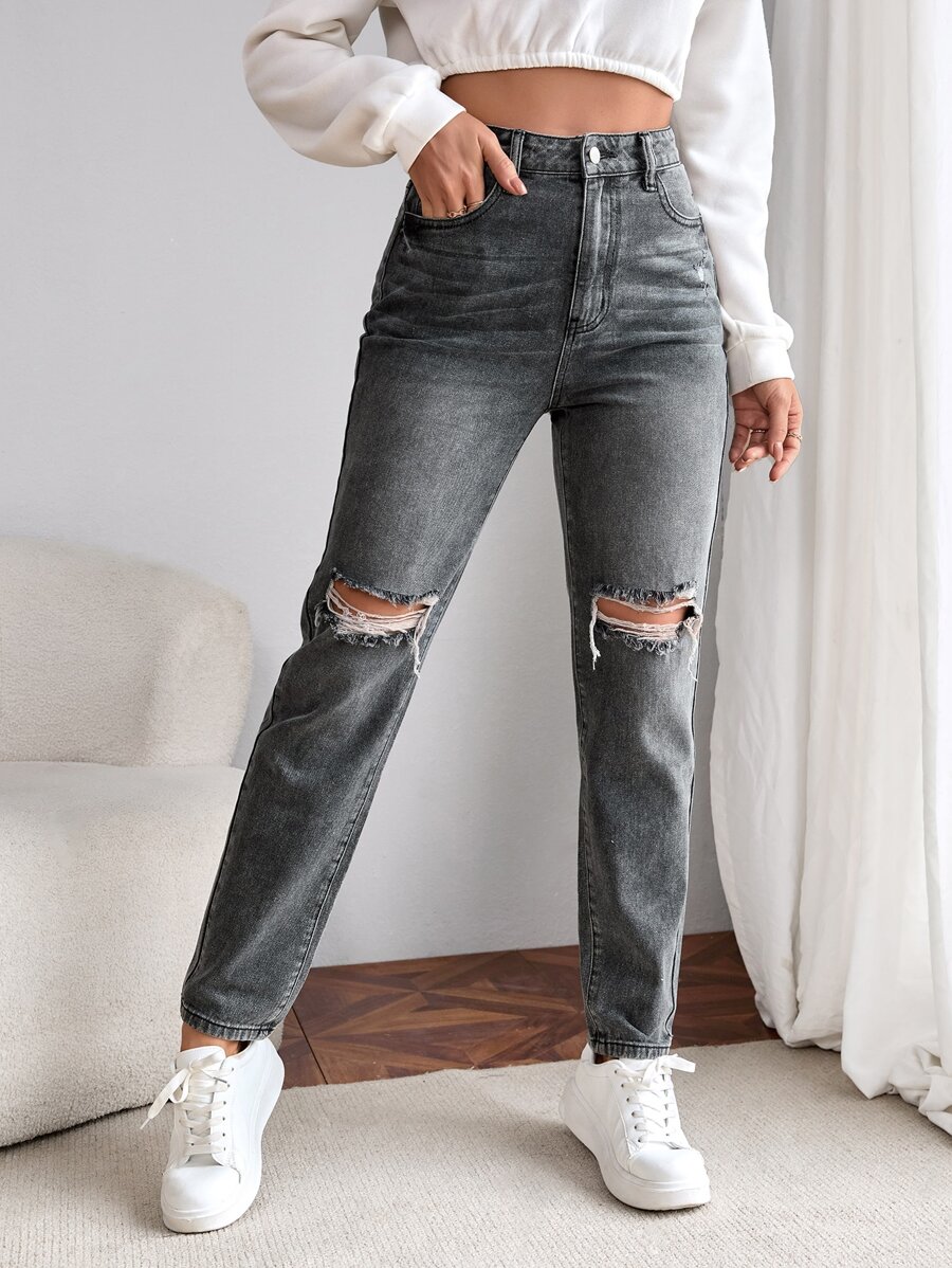 SHEIN Tall High Waist Ripped Mom Fit Jeans | SHEIN USA