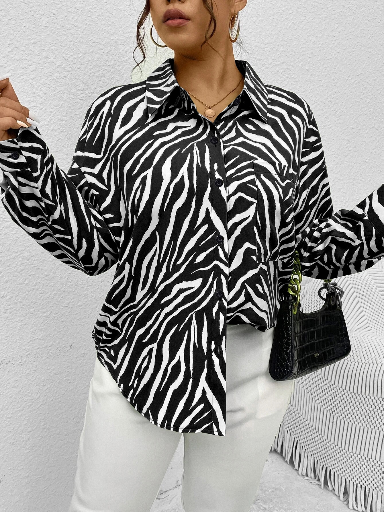SHEIN Privé Plus Zebra Striped Drop Shoulder Shirt | SHEIN USA