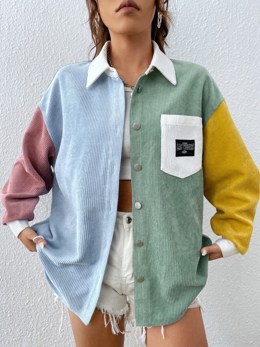 SHEIN EZwear Colorblock Drop Shoulder Letter Patched Corduroy Coat ...