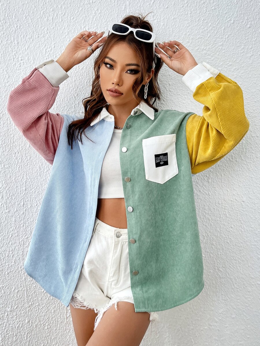 SHEIN EZwear Colorblock Drop Shoulder Letter Patched Corduroy Coat ...